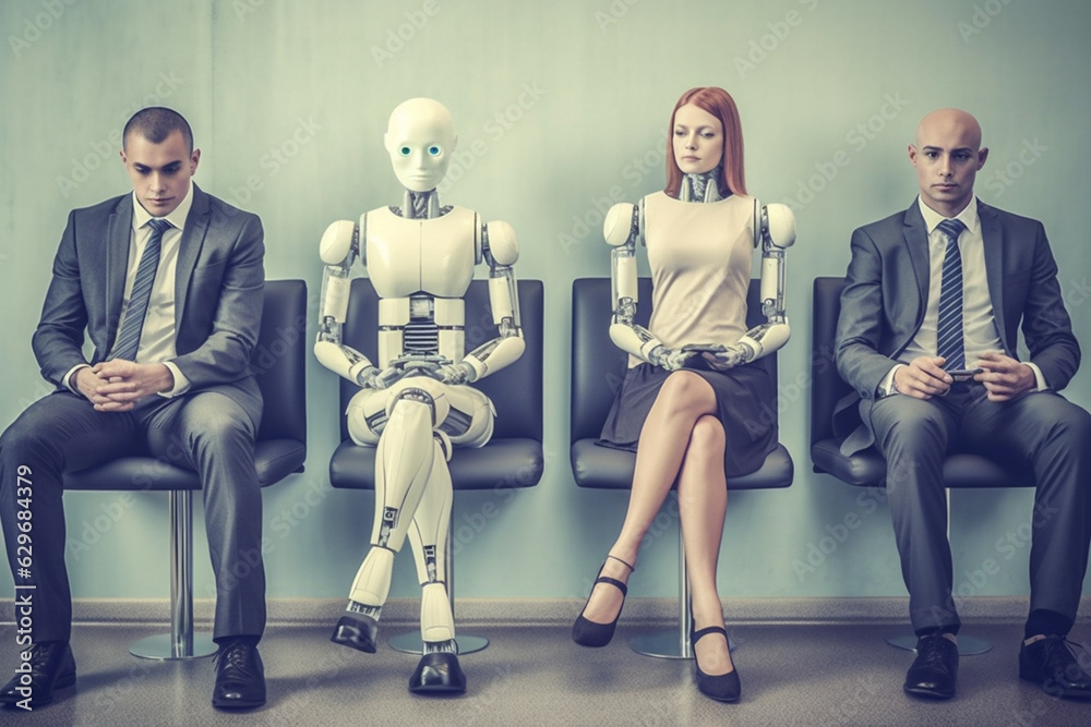 Business people and humanoid AI robot sitting and waiting for a job ...
