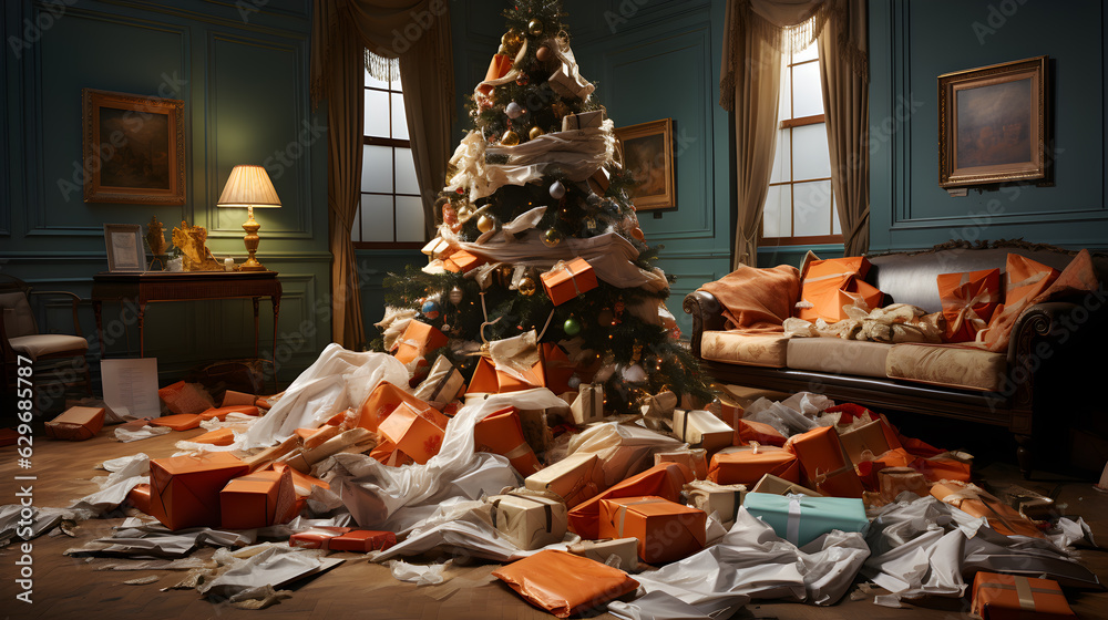 A Christmas tree with lots of torn gift wrapping paper and plastics ...