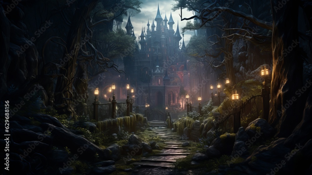 Hansel and gretel dark brooding forest with Disney land castle in the ...