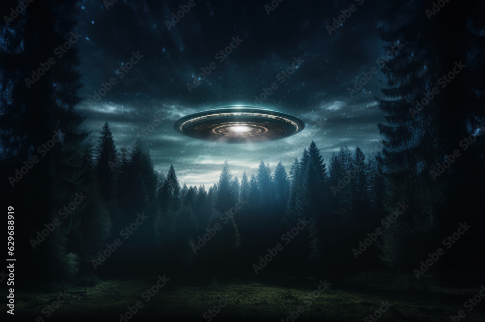 Eerie alien ufo abduction lit up in the night sky created with ...
