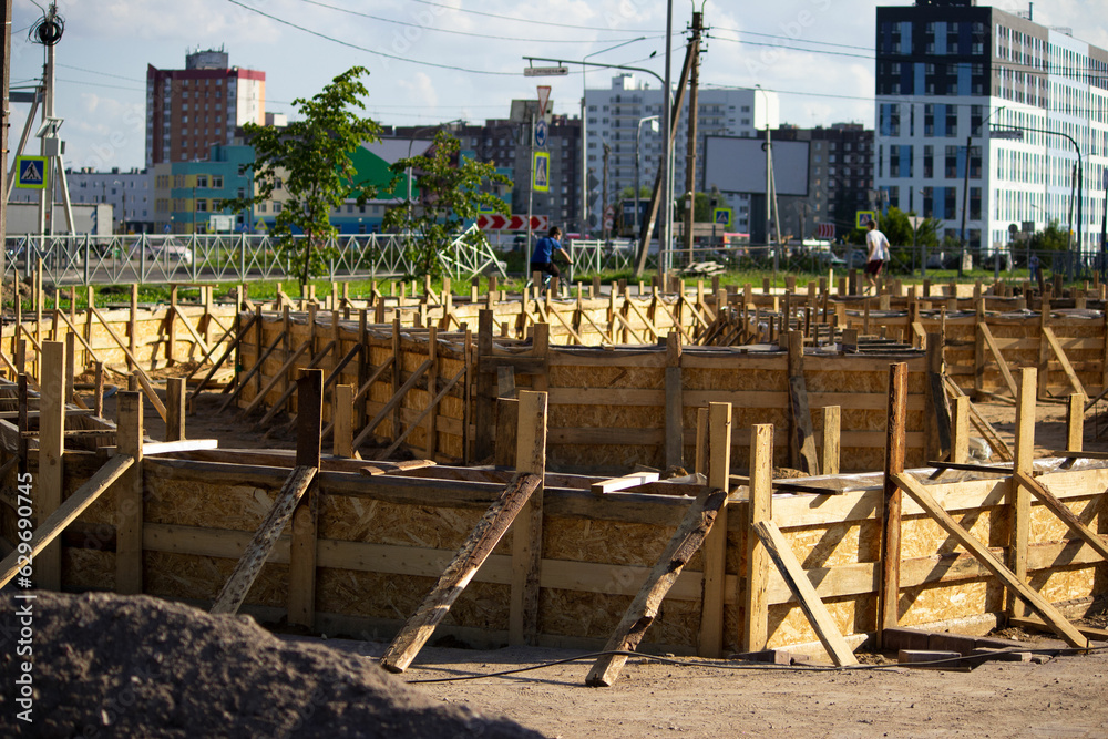 temporary wooden formwork built for pouring concrete and forming walls ...
