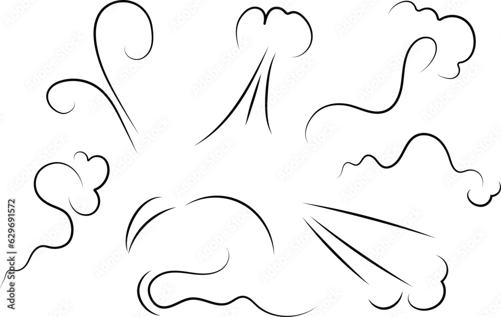 Outline drawing of a breath of wind.Wind blow set in line style.Wave ...