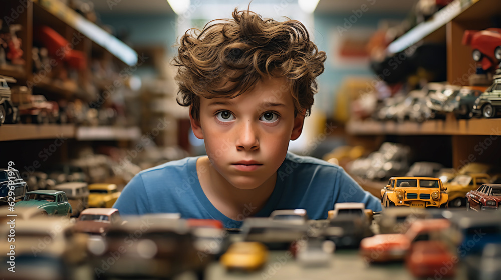 Young boy standing in a toy store and cool toys are behind in shelfs ...