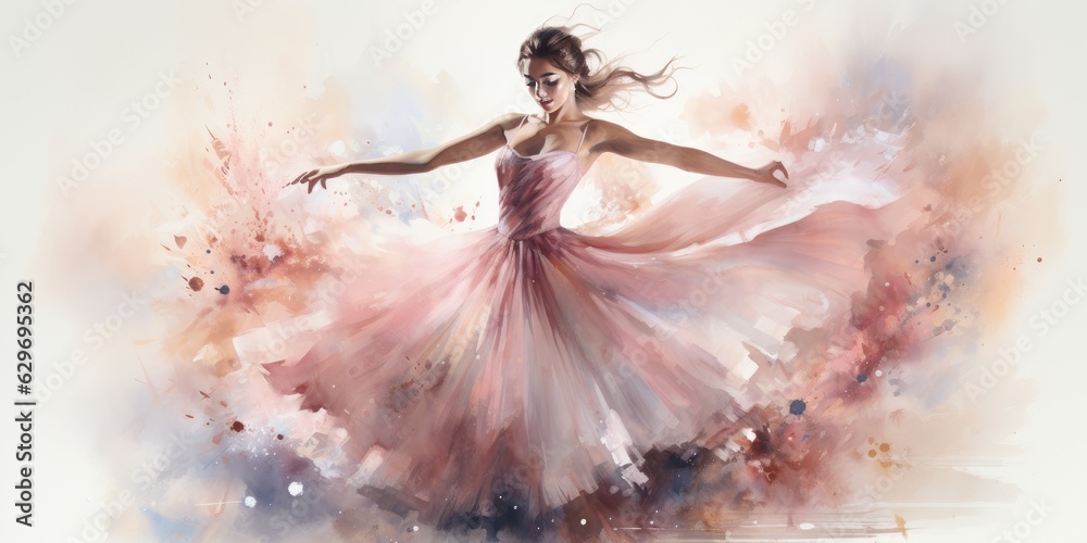 Girl ballerina, woman dancing. Drawing of a woman in a beautiful pink ...