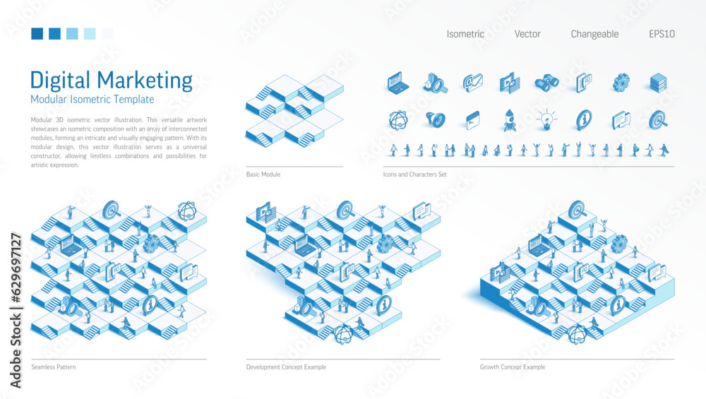 Digital marketing modular isometric constructor. Seamless pattern base ...