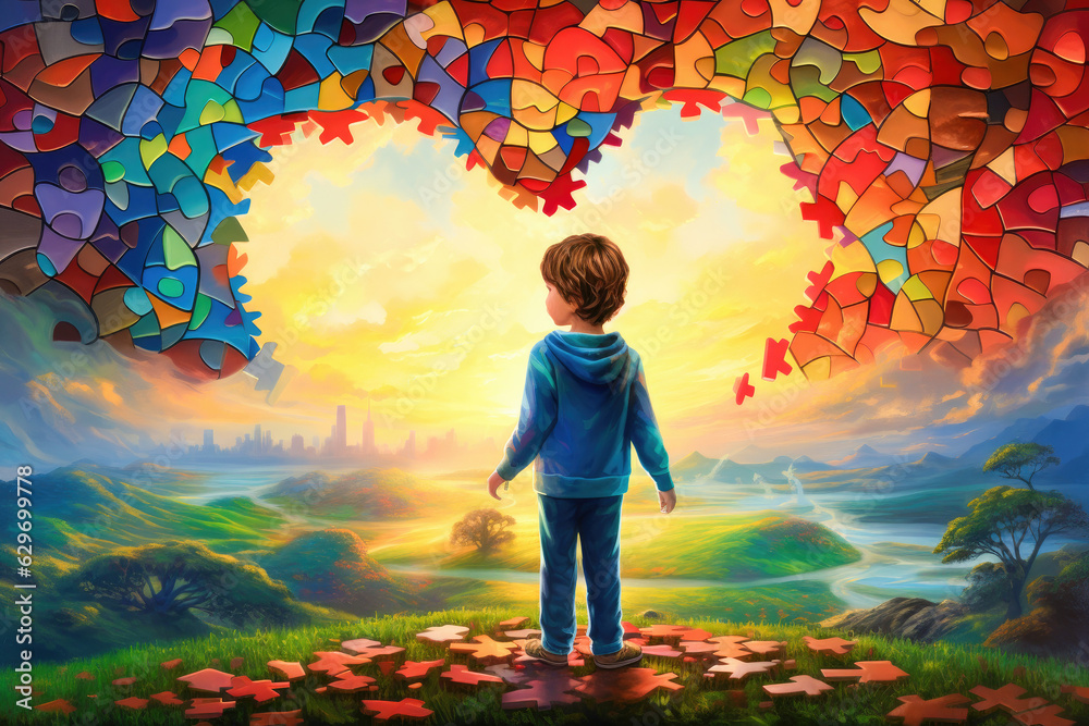 World autism awareness day concept. An autistic boy seeing the world ...