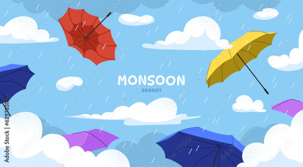Monsoon season background. Colorful umbrellas near clouds in sky ...