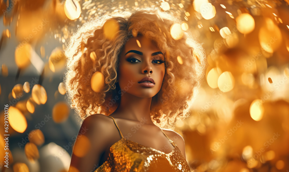 Woman in gold on golden sparkling background, girl in golden dress ...