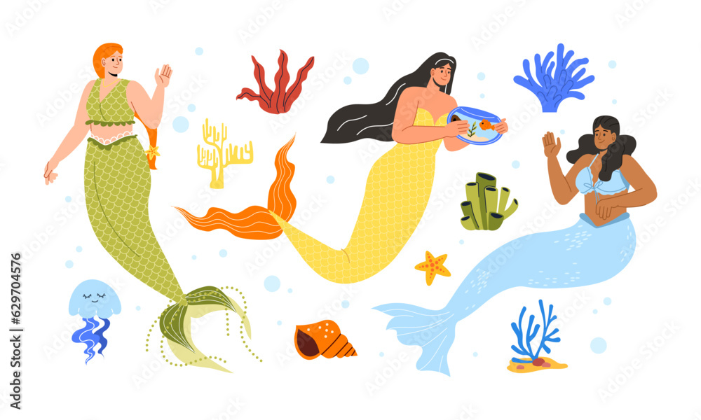 Set of mermaids concept. Women with colorful fish fins. Fairy tale ...