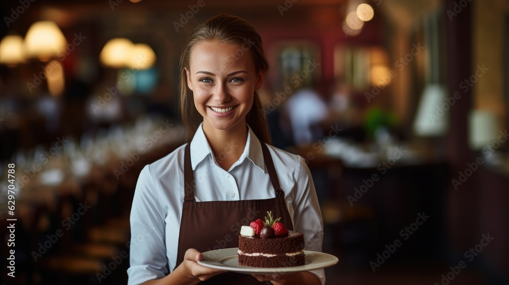 Young female waitress presents a piece of Mocha cake Stock Photo ...