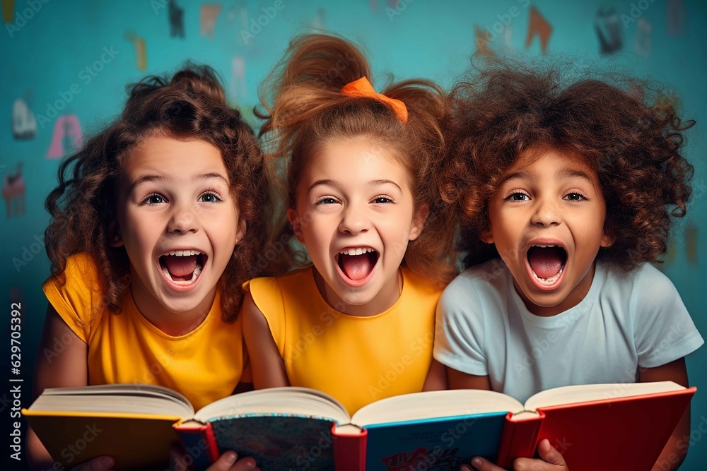 Cheerful school kids having fun, usa kids, with book, studio color ...