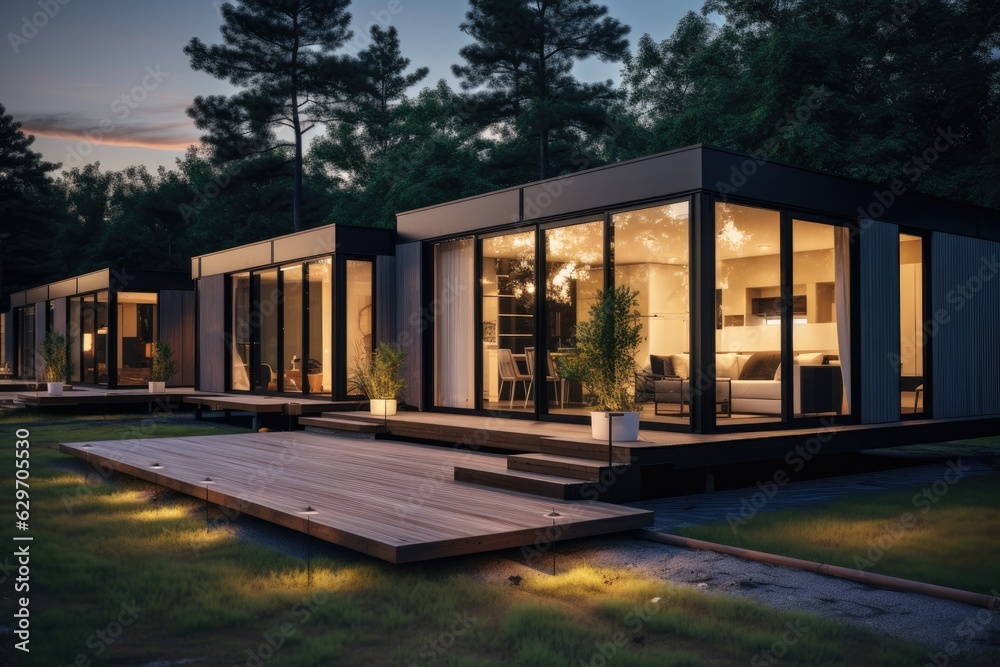 Single story modular homes featuring large, floor to ceiling windows ...