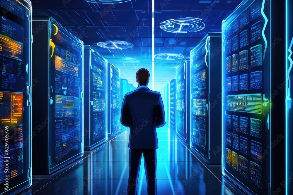 man silhouette standing server room corridor, futuristic blue lighting ...