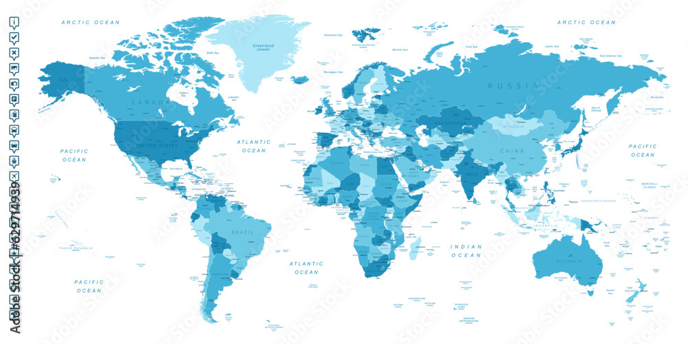 World map. Highly detailed map of the world with detailed borders of ...