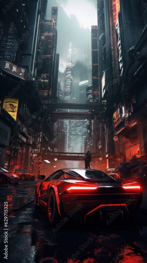 loading screen scene of a city in cyberpunk style red and black colors ...