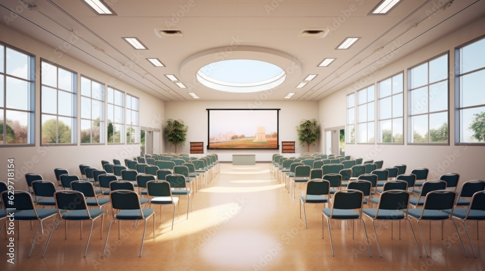 Modern school assembly hall, for meeting, empty without children, super ...