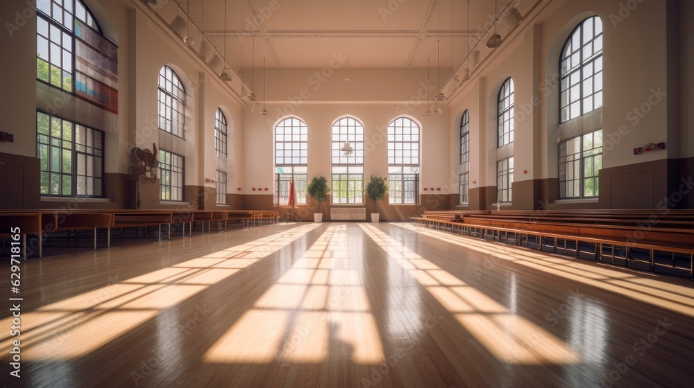 Modern school assembly hall, for meeting, empty without children, super ...