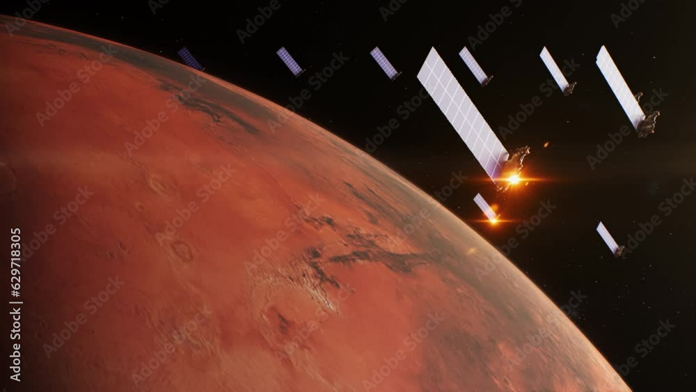 Realistic 3D graphics of Mars spinning in dark outer space. Solar cell ...