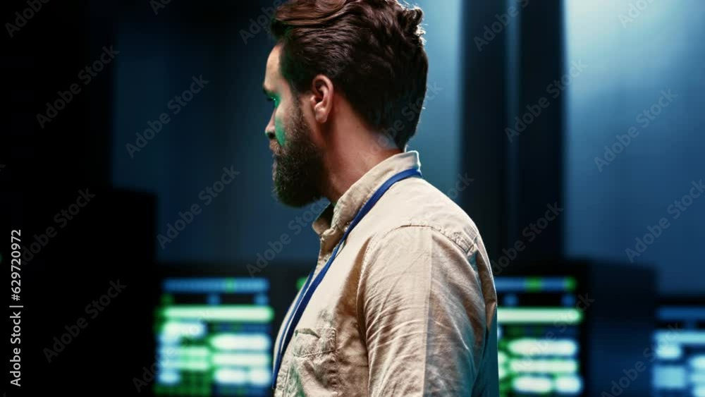 Close up of computer scientist monitoring server hub, optimizing it for data processing ...