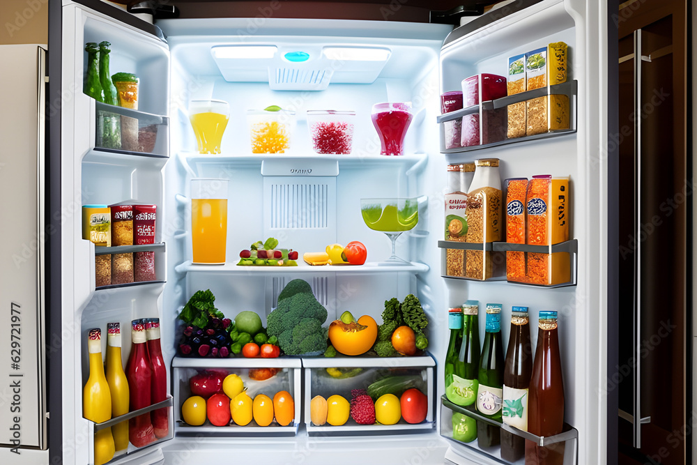 double door an open refrigerator filled with lots of different types of ...