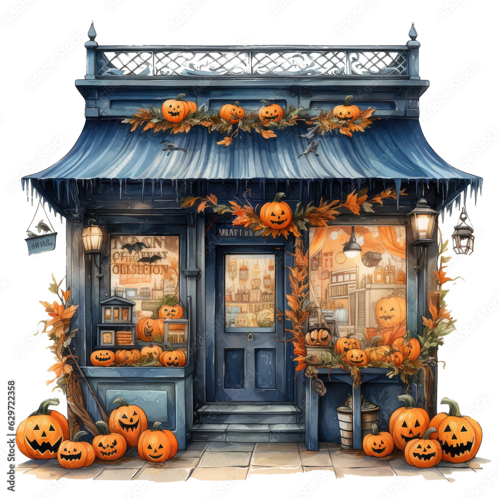 Watercolor spooky Halloween shop emerges, its facade decorated with ...