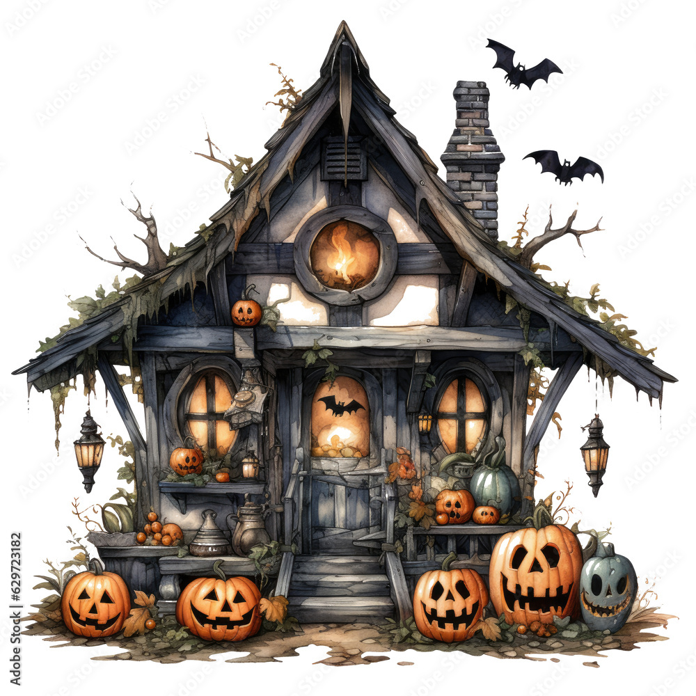 Watercolor creepy Halloween witch's cottage hidden deep within a swamp ...