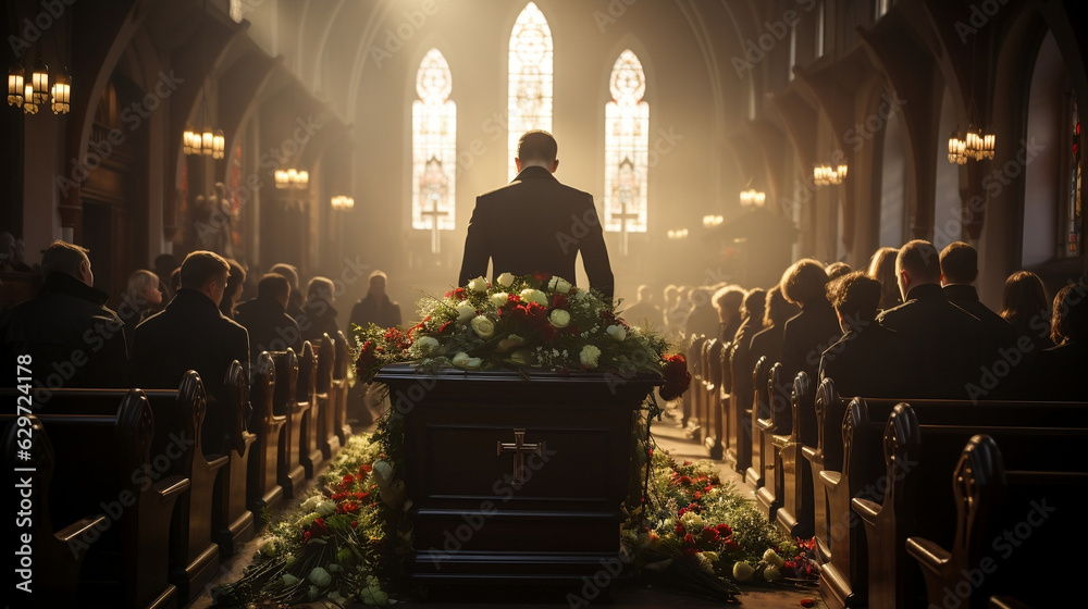 Eternal Farewell, Solemn funeral ceremony with a coffin in a serene ...