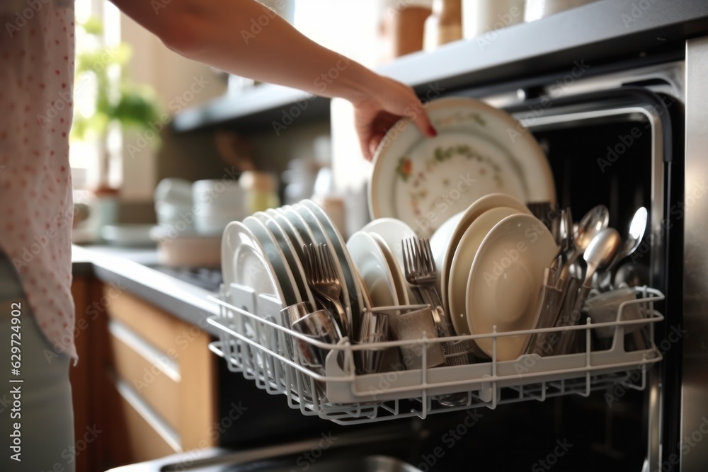 A woman's hand is loading dishes, emptying or unloading a dishwasher ...