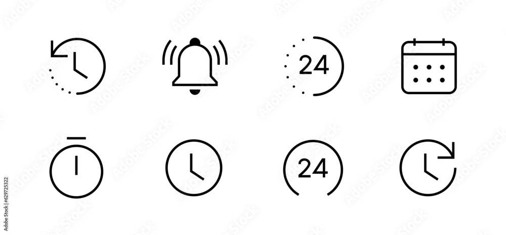 Time icon set. clock, calendar, timer line icons . vector time passage and stopwatch, countdown ...