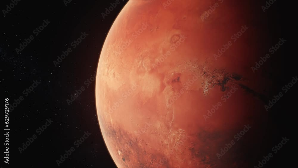 Cinematic 3D graphics of Mars spinning in dark outer space. Stars and ...