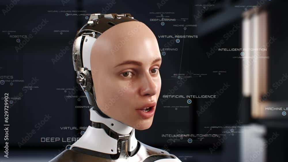 Female AI robot talks, looks at camera. Realistic 3D computer generated ...