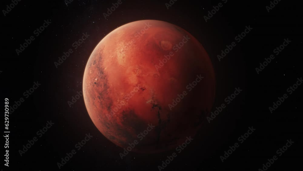 Realistic 3D animation of Mars rotating in dark outer space. Stars and ...
