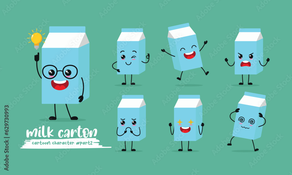 cute milk box cartoon with many expressions. different activity pose ...