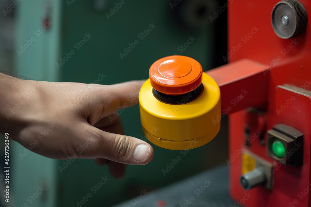 Close-up of an Emergency Stop button being pressed by a hand in an ...