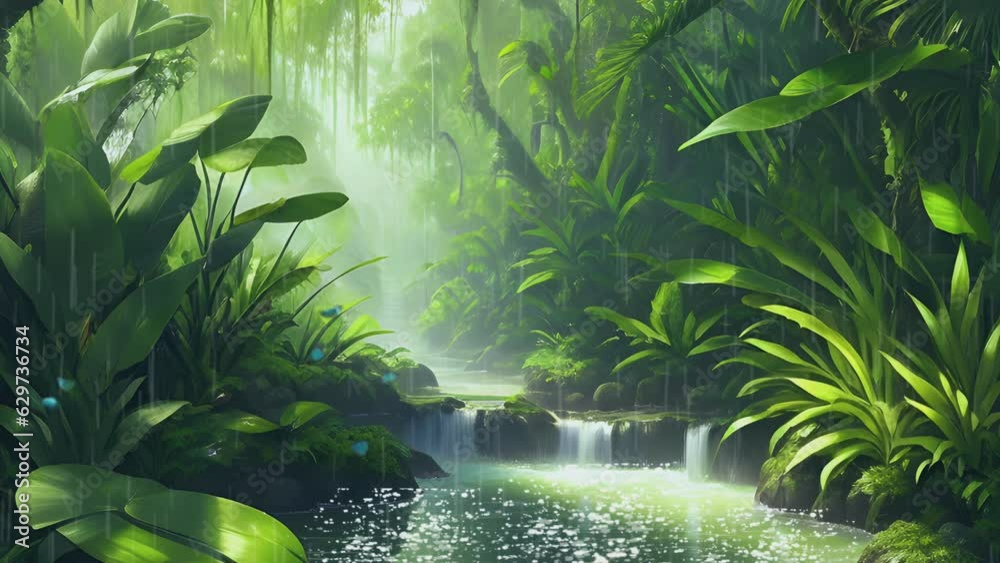 Tropical green rainforest with sparkling water and butterflies when ...