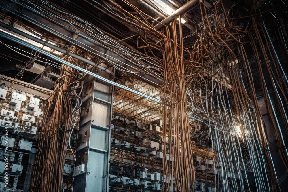 An up-close image of the intricate network of wires and plates of an ...
