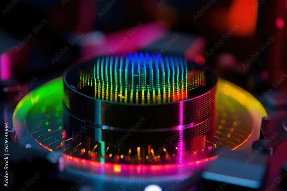 Close-up image of a spectrometer's diffraction grating revealing the ...