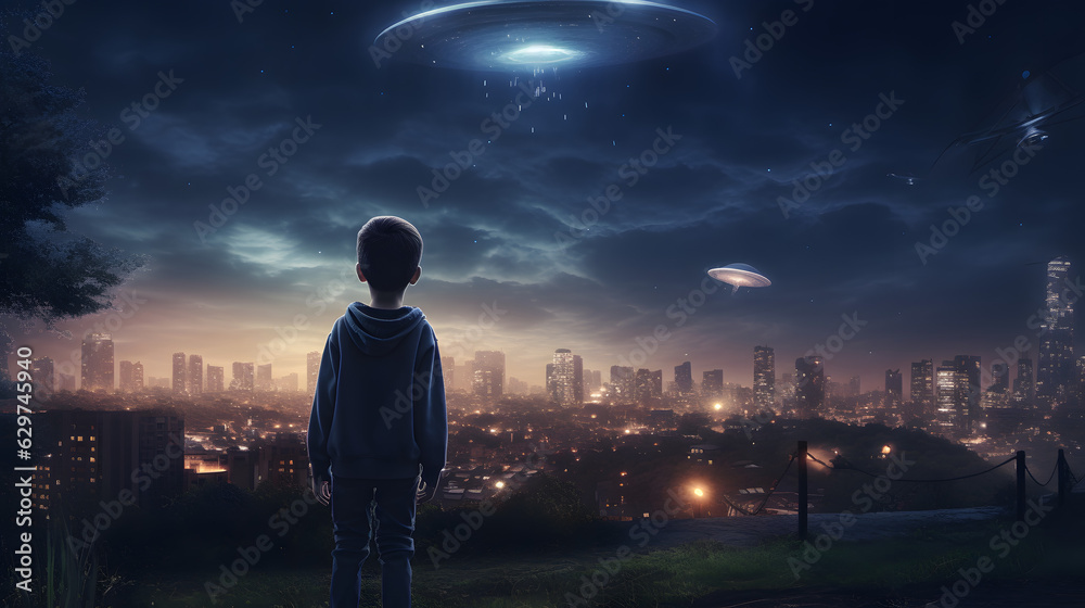 Back view of little boy looking at alien invasion, UFO flying in the ...