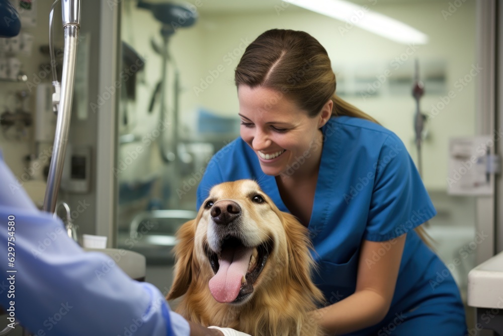 a beautiful female vet nurse doctor examining a cute happy golden ...
