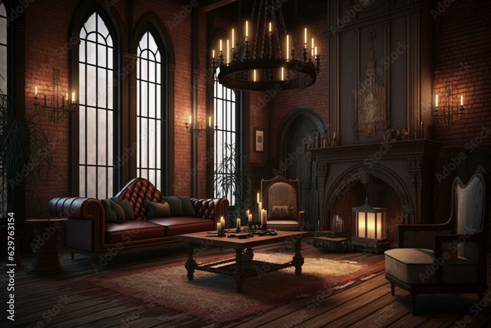 Victorian Gothic living room with wood and brick walls and eerie lamps ...