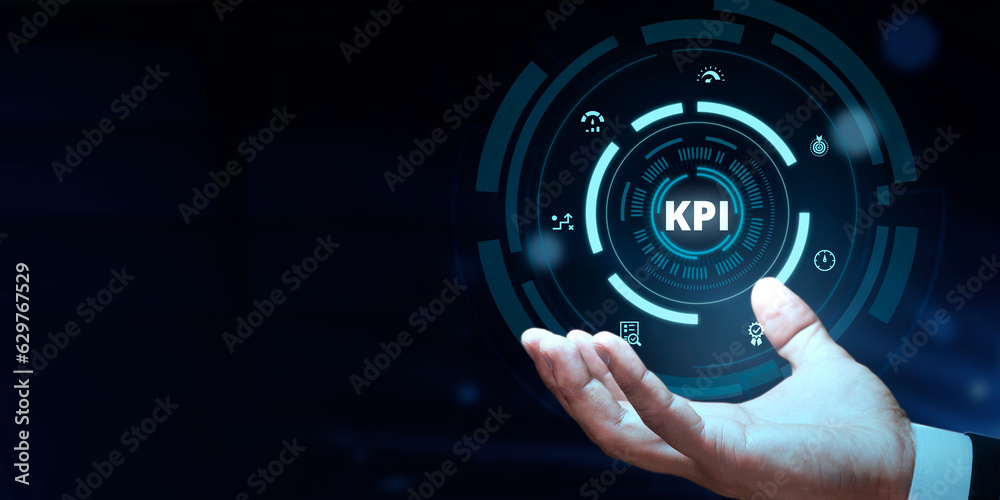 KPI key performance indicator. Modern graphic interface showing symbols ...