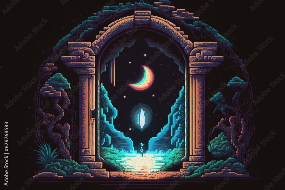 Retro-style pixel art of a magic portal to a parallel fantasy universe ...