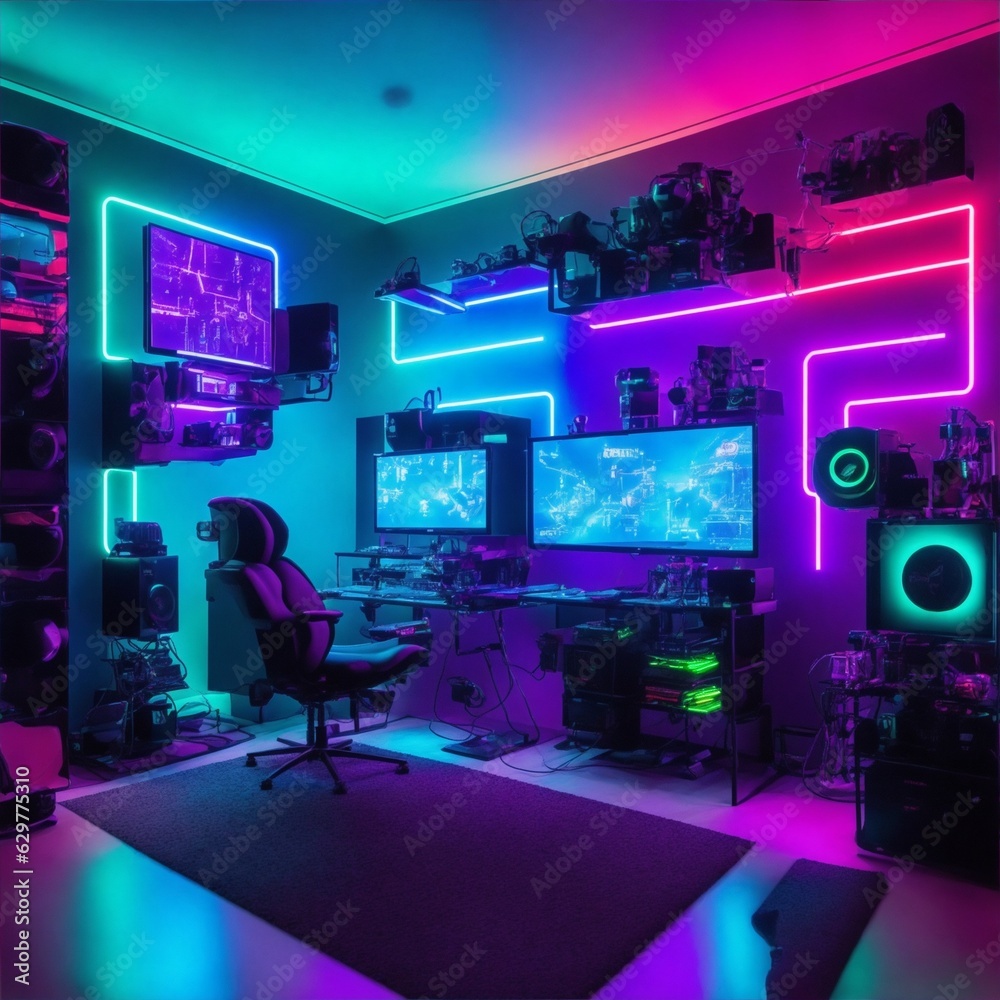 Immersive Gaming Haven: Exploring a Dynamic Gaming Room with a Towering ...