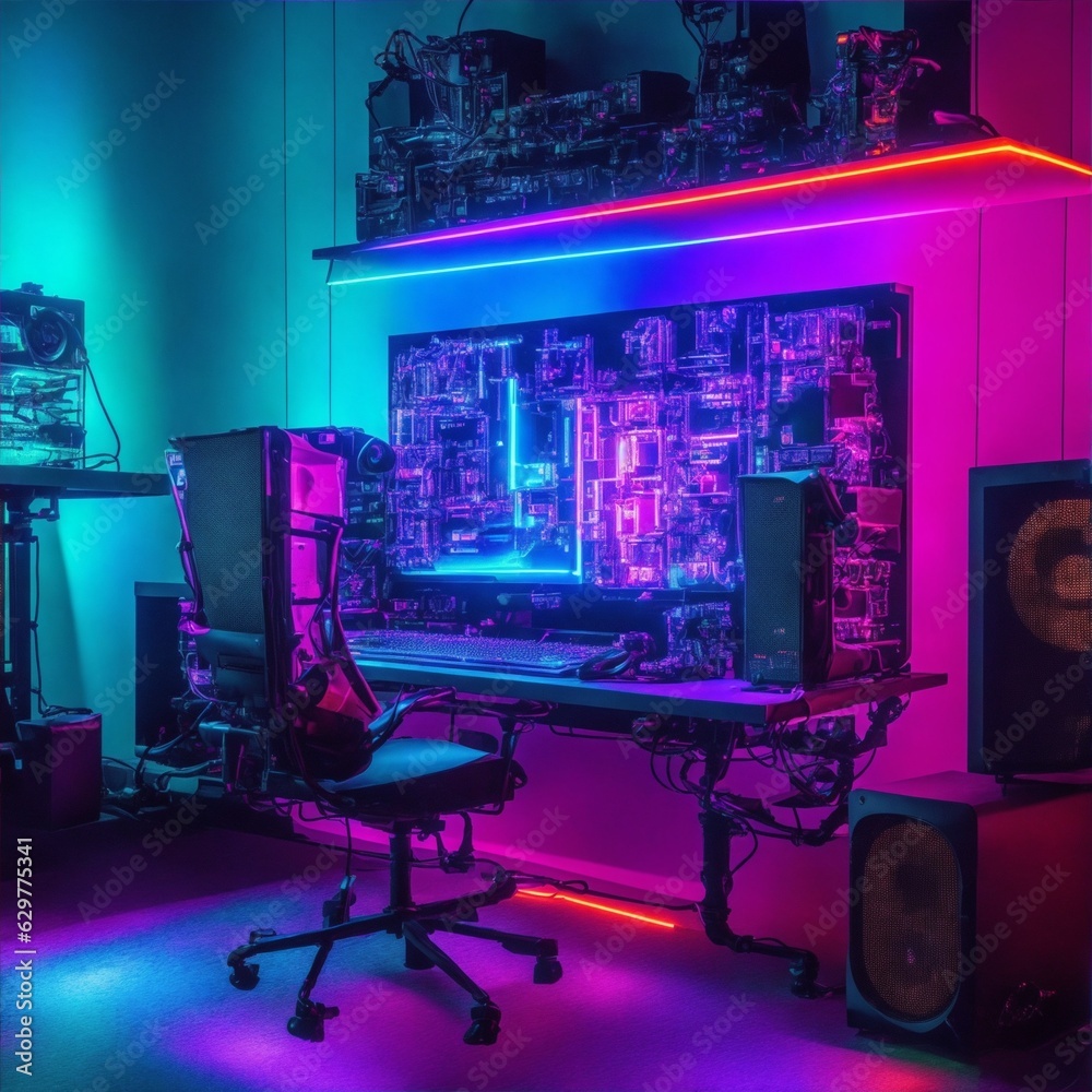 Foto de A vibrant gaming room with a massive PC booming speakers and a ...