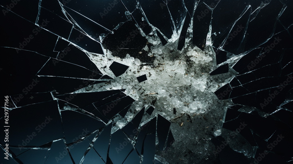 A fragmented glass panel, once clear and pristine, now bears an ...