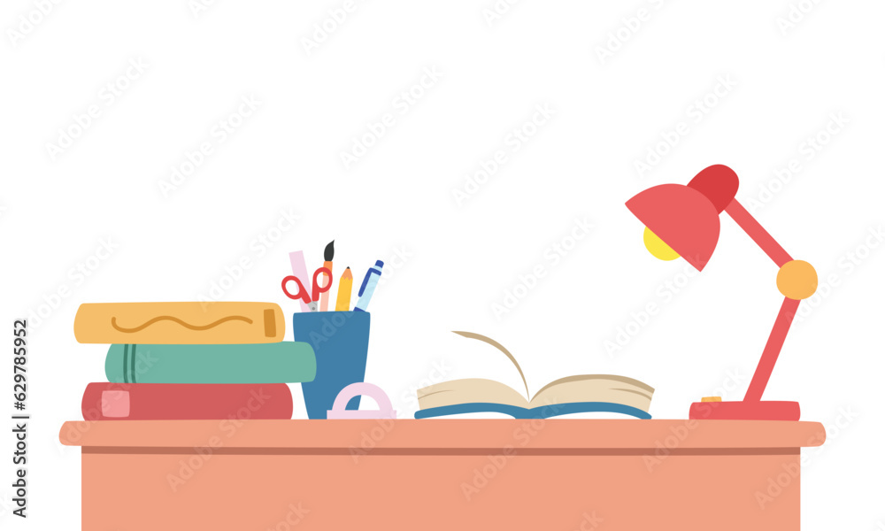 School desk clipart. Study corner student desk with stack of books ...