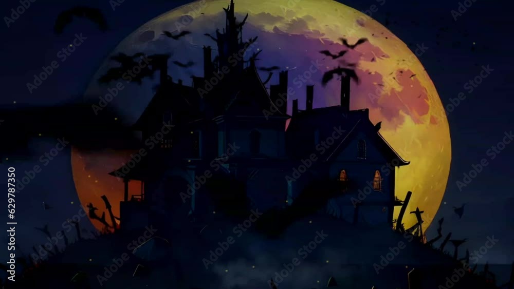 Scary Halloween Night: Ghosts and bats surround the moonlit haunted ...