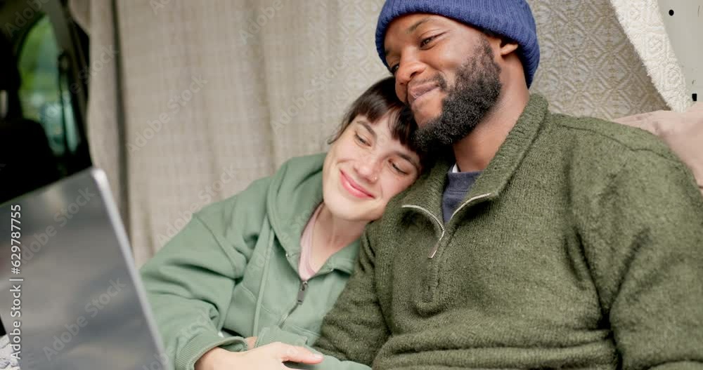 Video „Love, camping and laptop with interracial couple in nature for ...