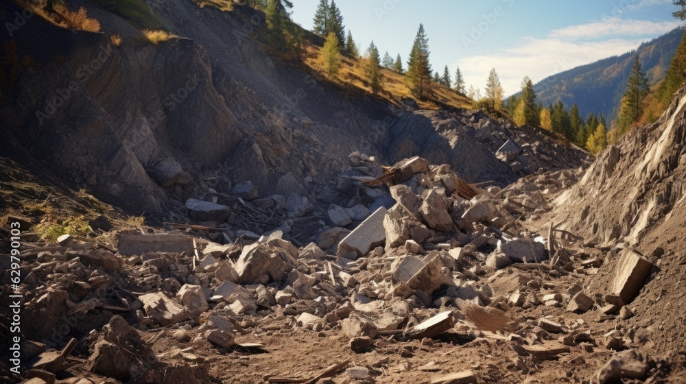landslide in progress, with rocks and dirt tumbling down a hillside ...
