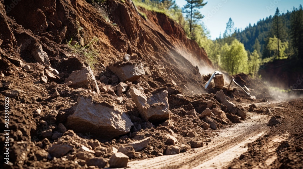 landslide in progress, with rocks and dirt tumbling down a hillside ...